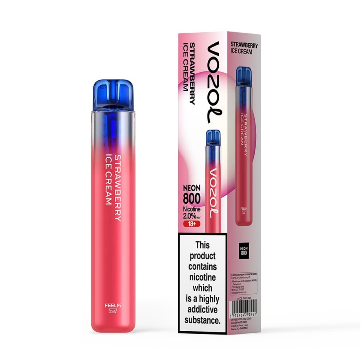 Vozol Neon 800 Vape μιας χρήσης 2ml 2 Mg 800 Puffs Strawberry Ice