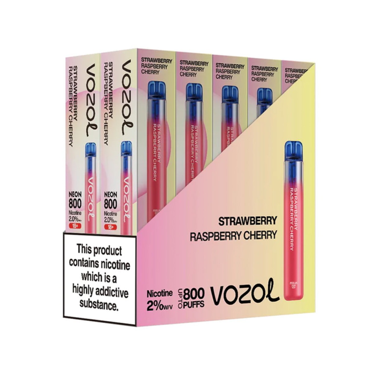 Vozol Neon 800 Vape μιας χρήσης 2ml 2 Mg 800 Puffs Strawberry Rasberry
